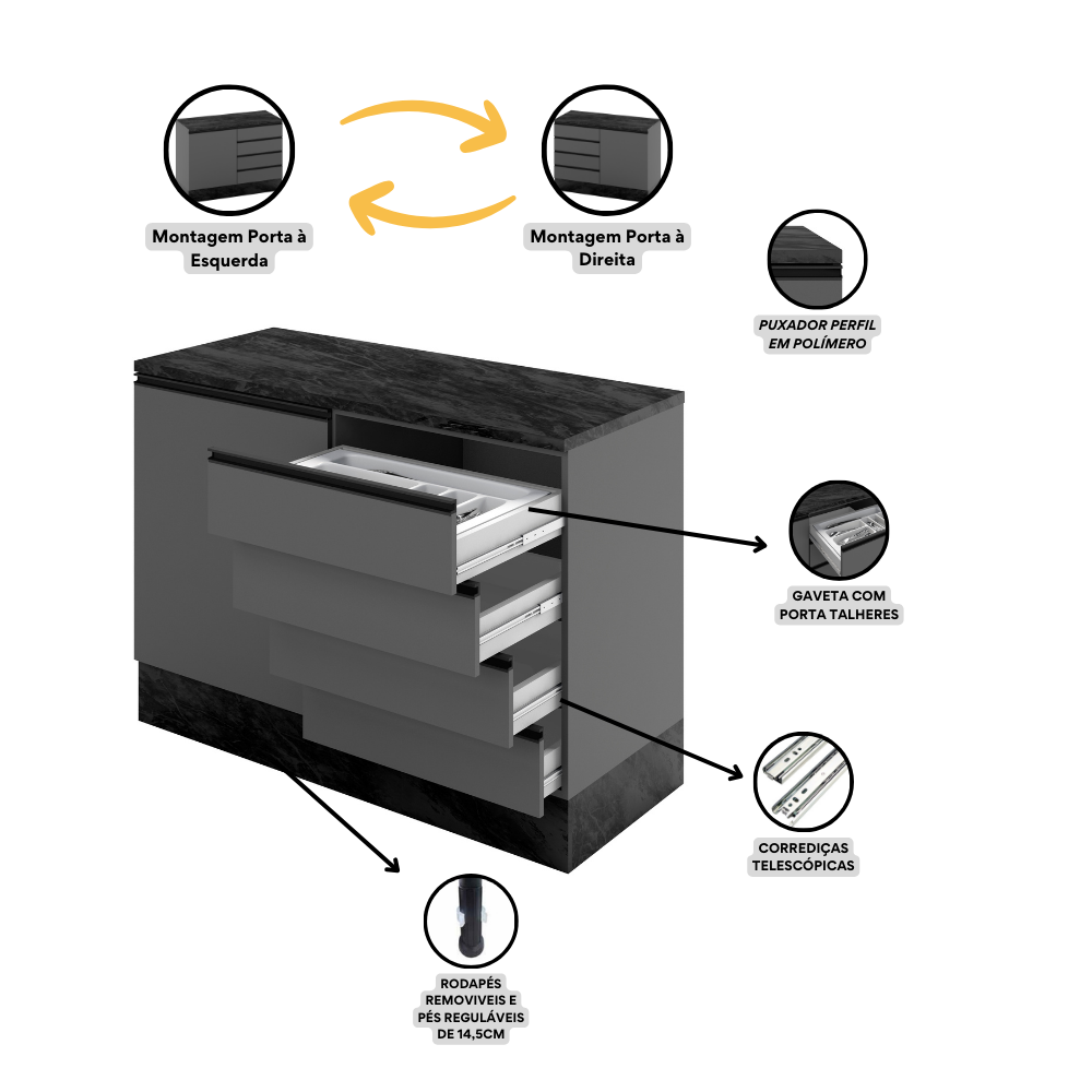 Balcão com Tampo 1 Porta 4 Gavetas com Porta Talheres Etna Cinza ...