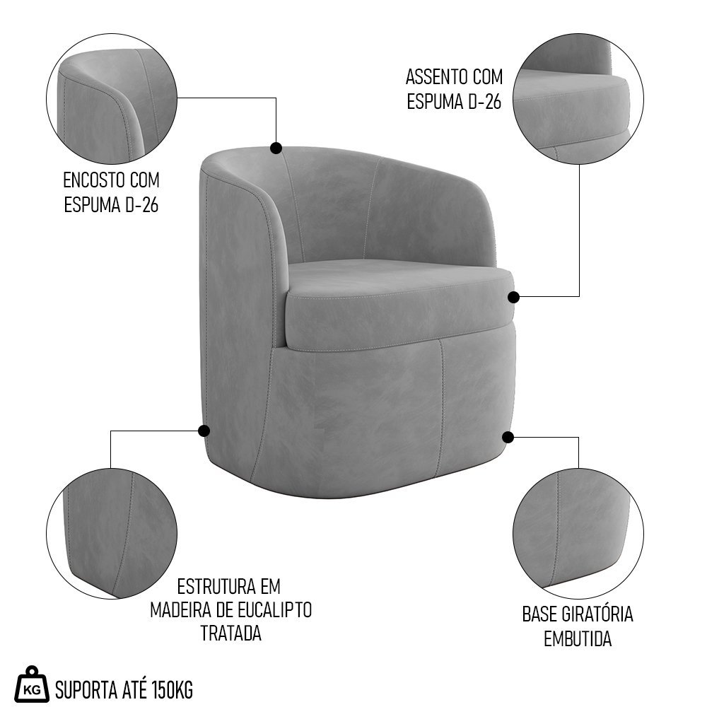 Poltrona Giratória Decorativa para Sala Dandara K04 Veludo Cinza ...