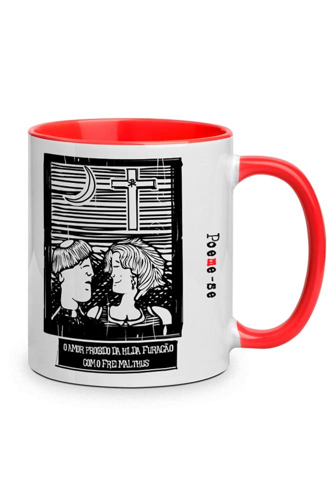 Caneca O Amor em Cordel: Hilda Furacão e Frei Malthus com alça vermelha ...