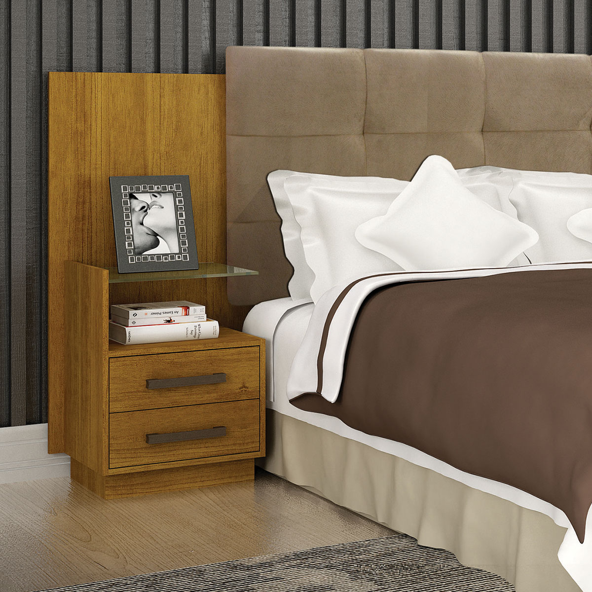 Cabeceira Casal e Queen Estofada com 2 Mesas de Apoio Galaxy Bronze ...