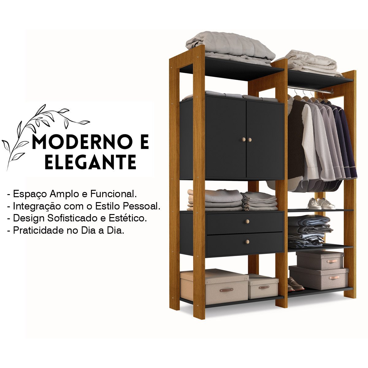 Guarda Roupa Moderno Aberto Closet Solteiro com Cabideiro:carvalho New ...