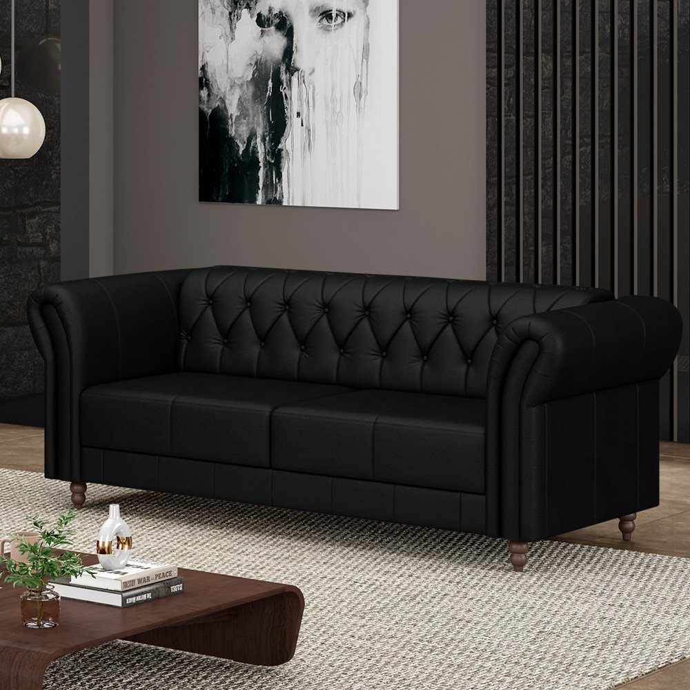 Sofá Living Sala de Estar Stanford Chesterfield 2 Lugares 220cm Pés de Madeira Couro Preto ...
