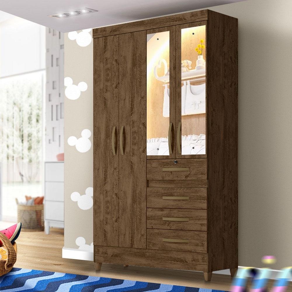 Guarda Roupa Infantil com Espelho 4 Portas - Castanho | MadeiraMadeira