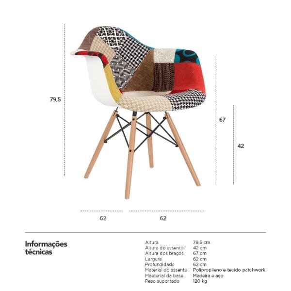 Cadeira Charles Eames Eiffel Daw - Tecido Patchwork - Madeira Clara | MadeiraMadeira