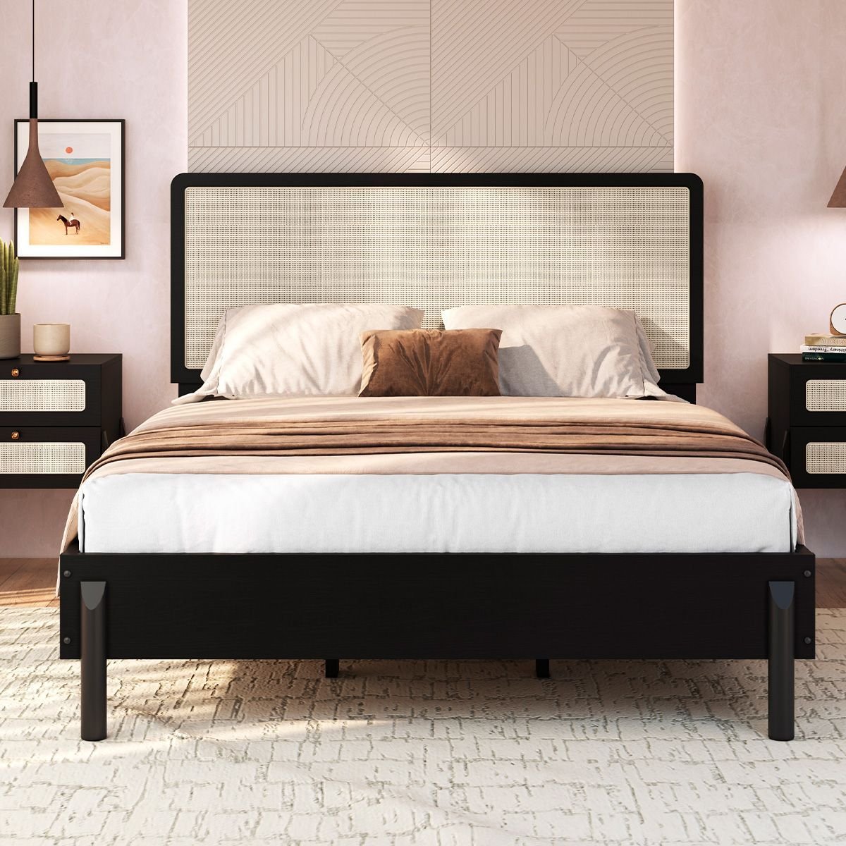 Cama Casal com Cabeceira Fixa 138cm Palhinha Oslo Nero 27055 ...