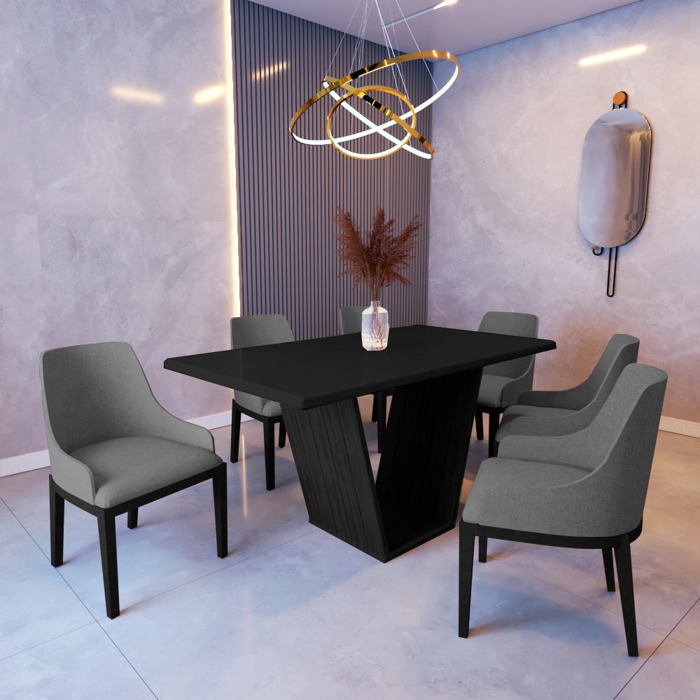 Mesa de Jantar 1,8m Safira Preto com 6 Cadeiras Elisa Linho Cinza ...