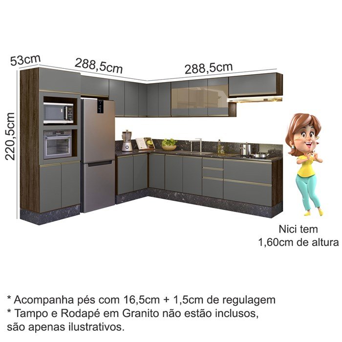Cozinha Modulada 11 Peças Em MDF Kali Premium CJ6 Amendoa Rust Chumbo ...