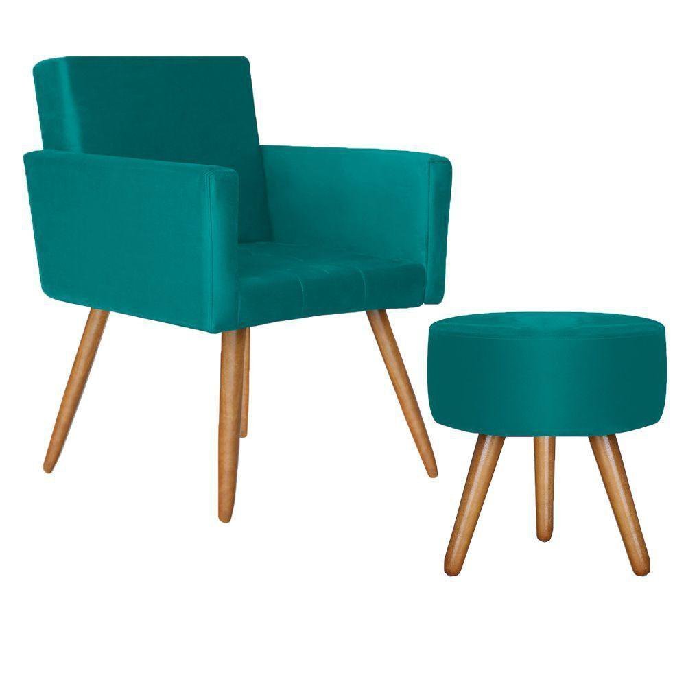 Poltrona Vitória + Puff Bali Suede Azul | MadeiraMadeira