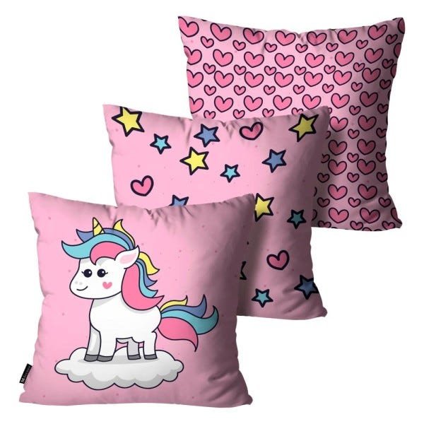 Kit com 3 Almofadas Infantis Unicórnio Rosa | MadeiraMadeira