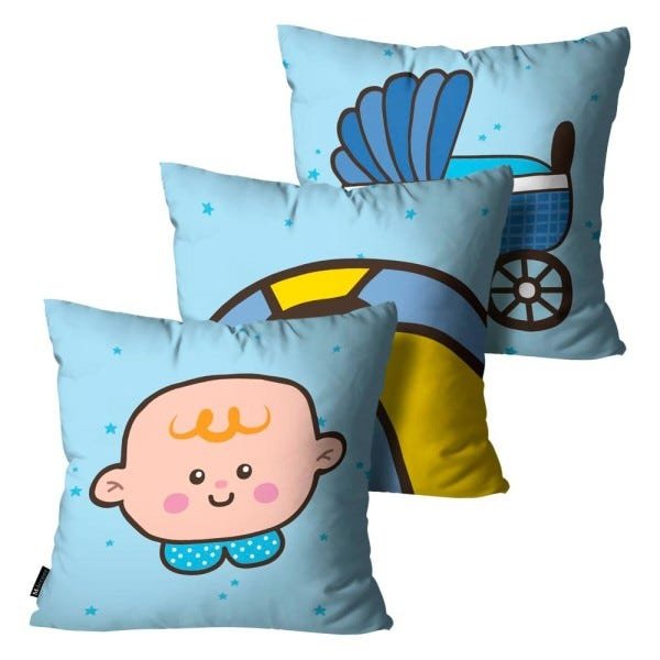 Kit com 3 Almofadas Infantis Bebê Azul | MadeiraMadeira