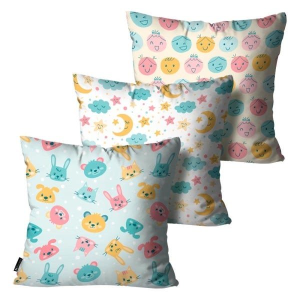 Kit com 3 Almofadas Infantis Gatos Coloridas | MadeiraMadeira