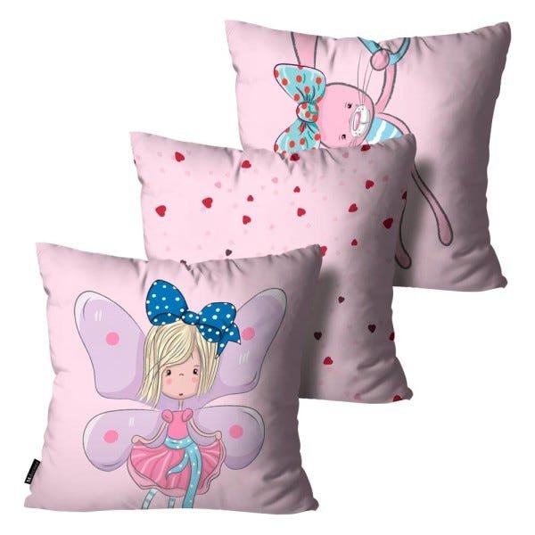 Kit com 3 Almofadas Infantis Fada Rosa | MadeiraMadeira