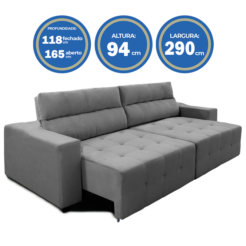 Sofá Top Lubeck 3 Lugares 290 cm Reclinável e Retrátil Suede Cinza - Sofá na Web | MadeiraMadeira