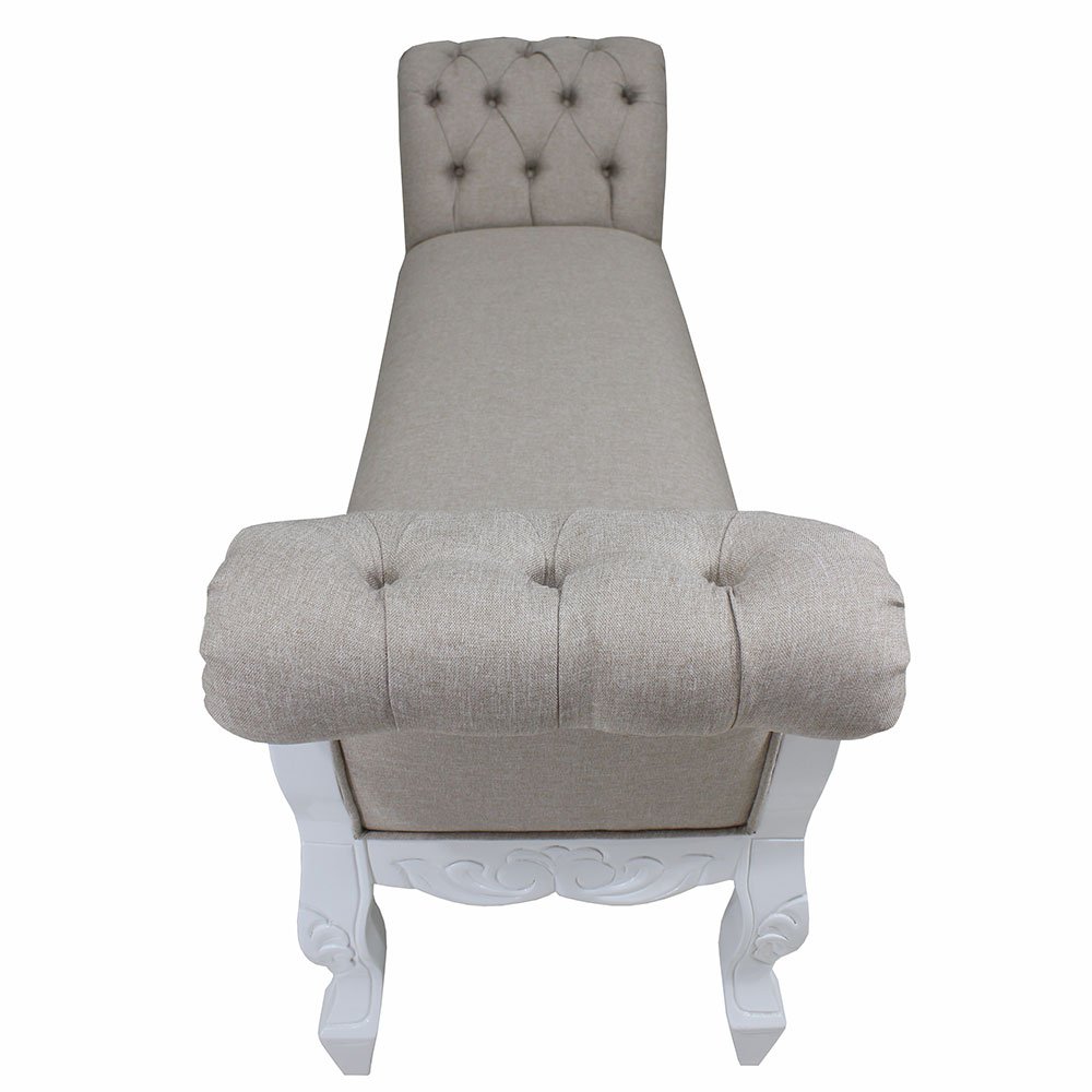 Recâmier Clássico Entalhado Capitonê Branco Brilho e Linho Bege ...