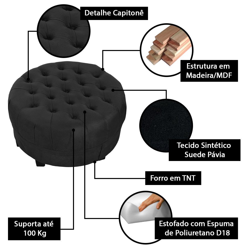 Puff Redondo Capitonê Amsterdã Várias Cores Pavia Preto - LH Móveis ...