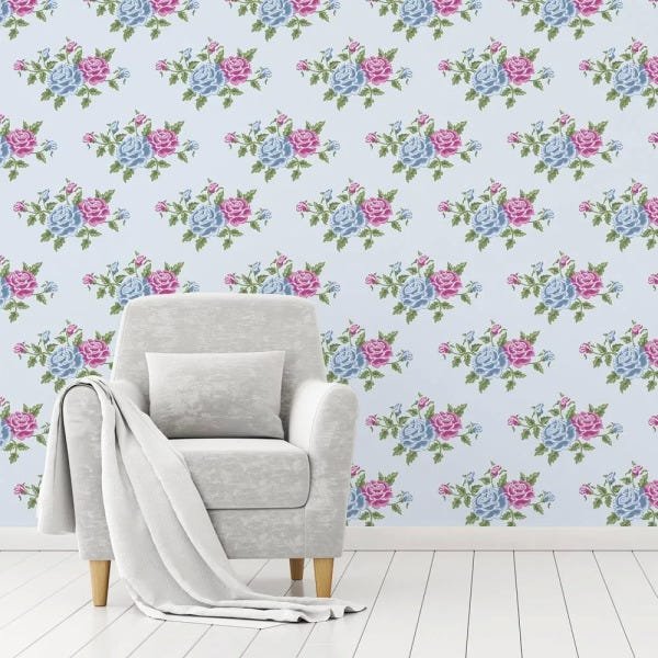 Papel de Parede Adesivo Floral Rosa e Azul | MadeiraMadeira