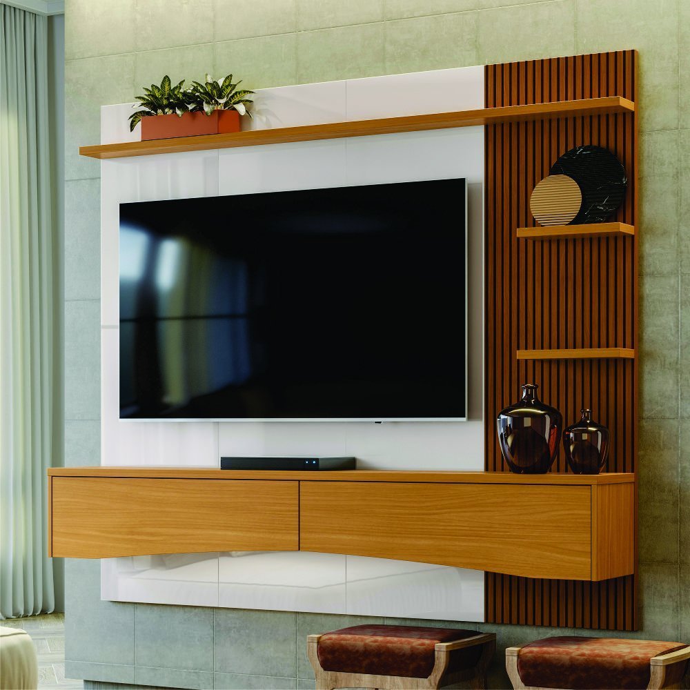 Painel com Prateleira Lusaca Off White Perolizado e Tauari | MadeiraMadeira