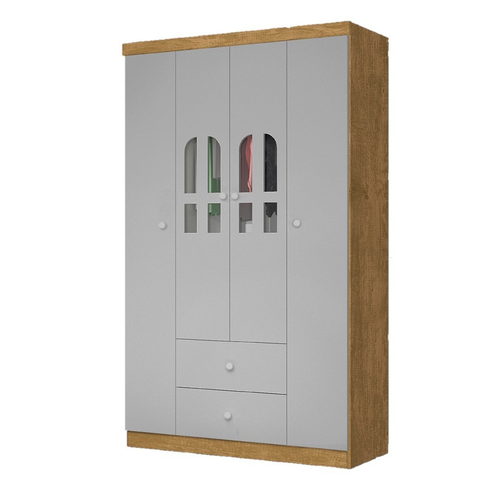 Roupeiro Infantil Alvin 4 Portas 2 Gavetas Nature Cinza | MadeiraMadeira