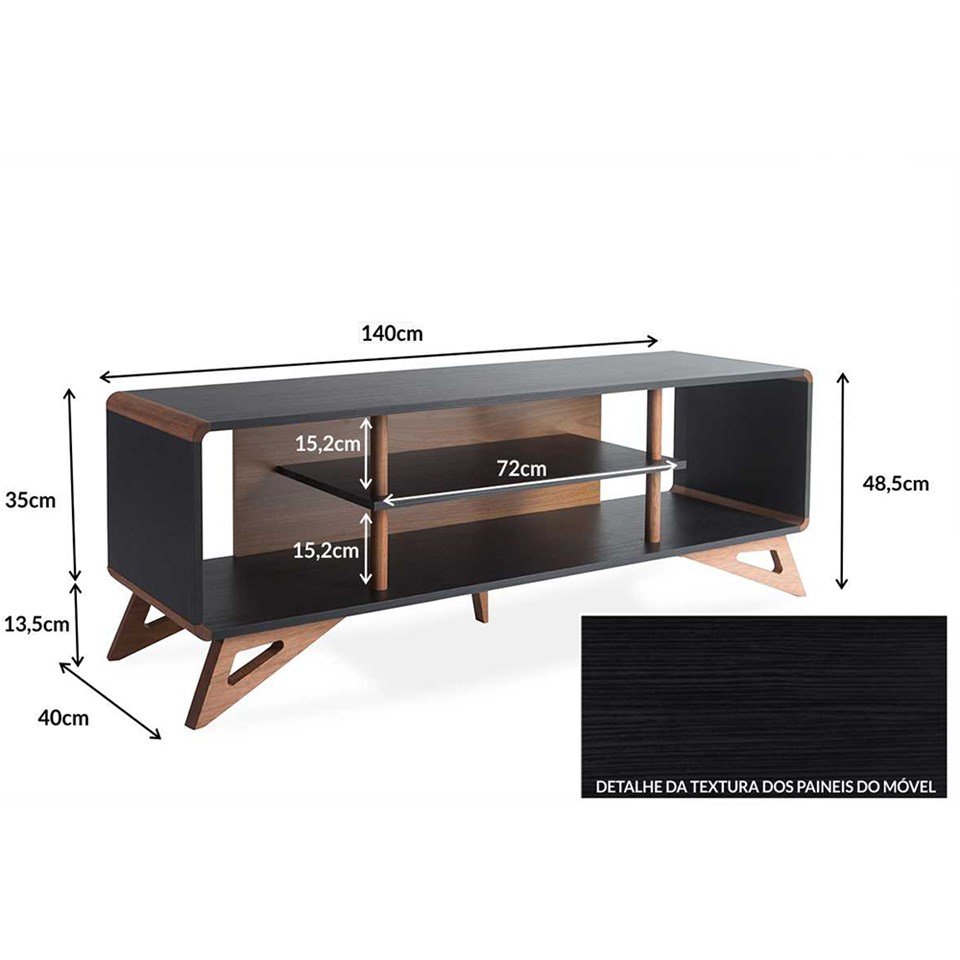 Rack Campbell Preto C/ 2 Nichos 140 cm - Freijó/Jatobá | MadeiraMadeira
