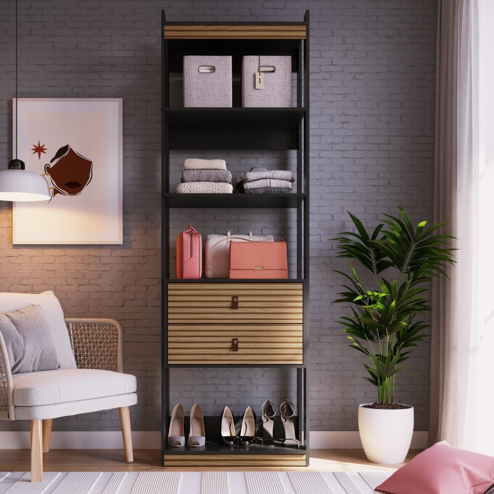 Estante Closet Amber com 2 Gavetas - Preto/Natural | MadeiraMadeira