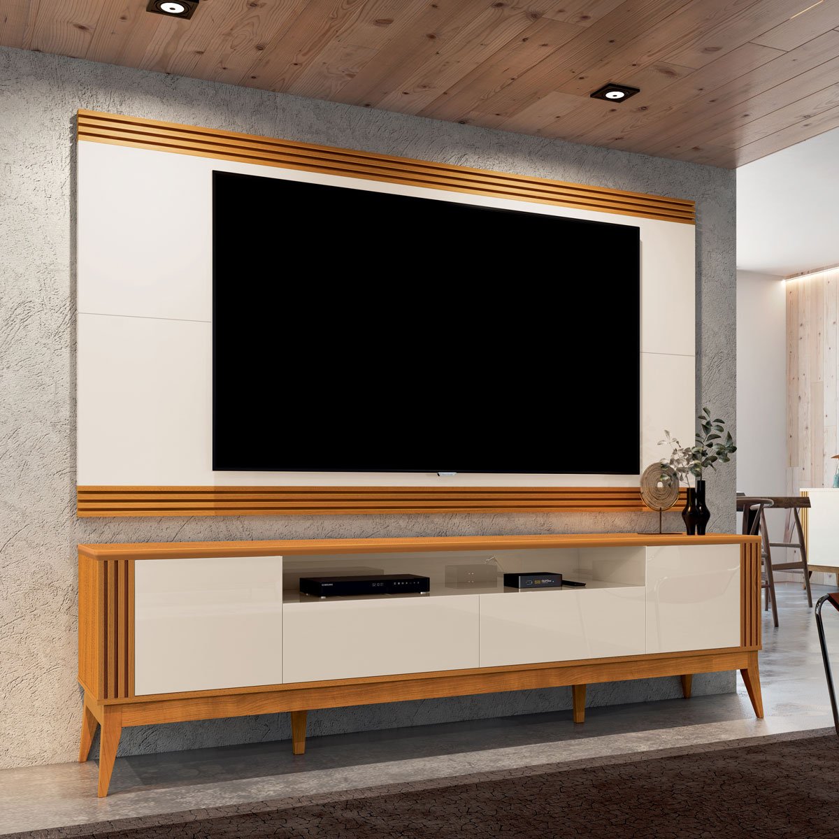 Rack Morgan com Painel Gardem Cedro com Off White - EDN Móveis | MadeiraMadeira