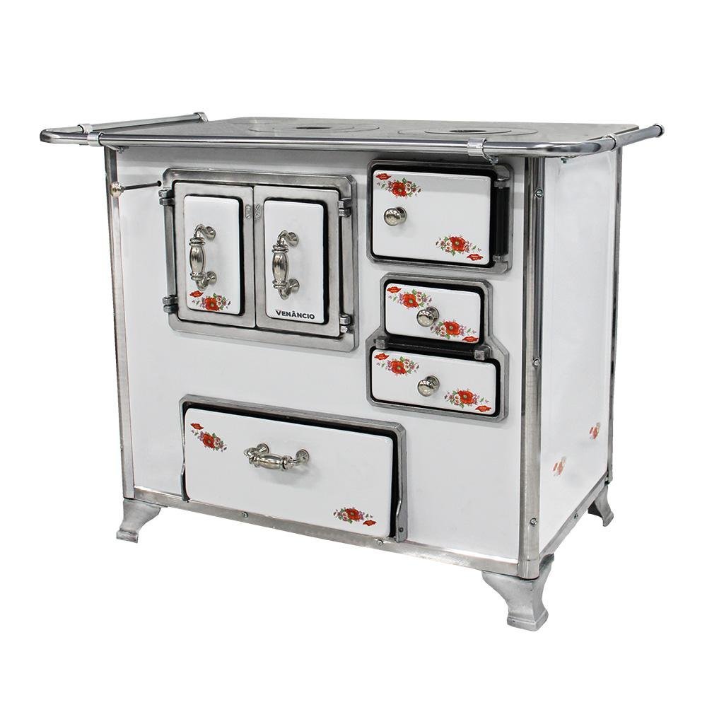 Fogão a Lenha Venâncio Nº2 Gabinete Branco Florido Sem Tampa Lado ...