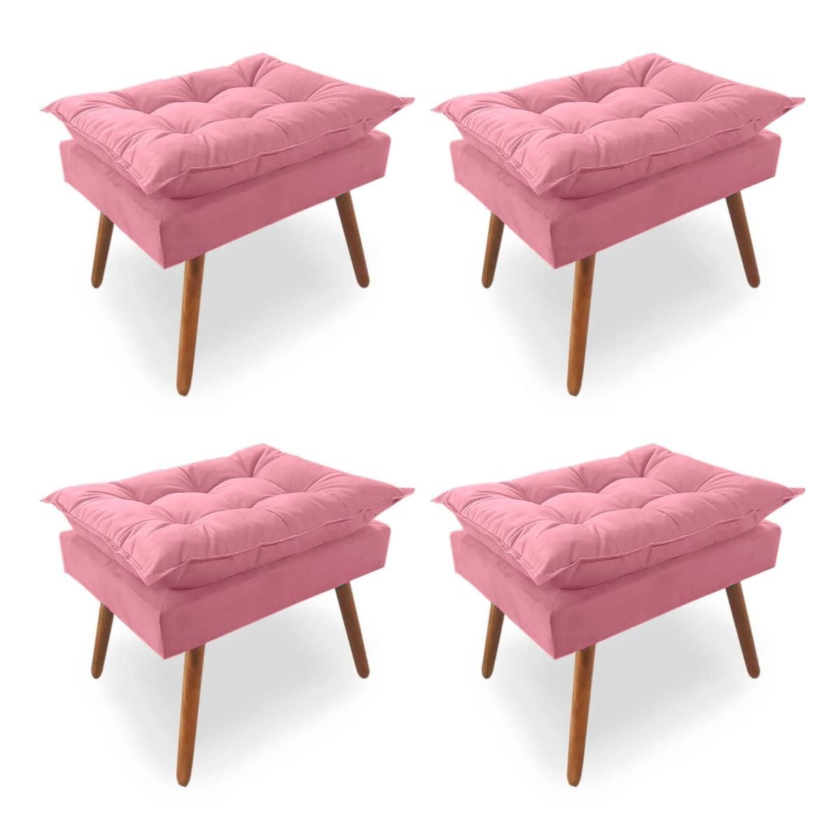 Kit 4 Puffs Opala Pés Palito Veludo Rosa - Kimi Design | MadeiraMadeira