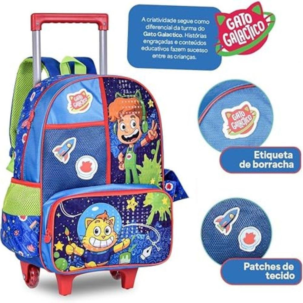 Kit Mochila de Rodinhas Estojo e Lancheira Gato Galáctico | MadeiraMadeira