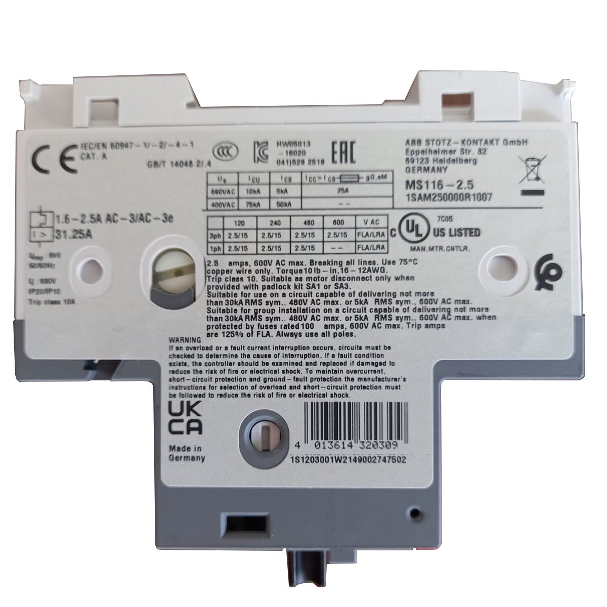 Disjuntor Motor ABB Tripolar Com Ajuste Térmico MS116-2.5, MS116-4.0 ou ...