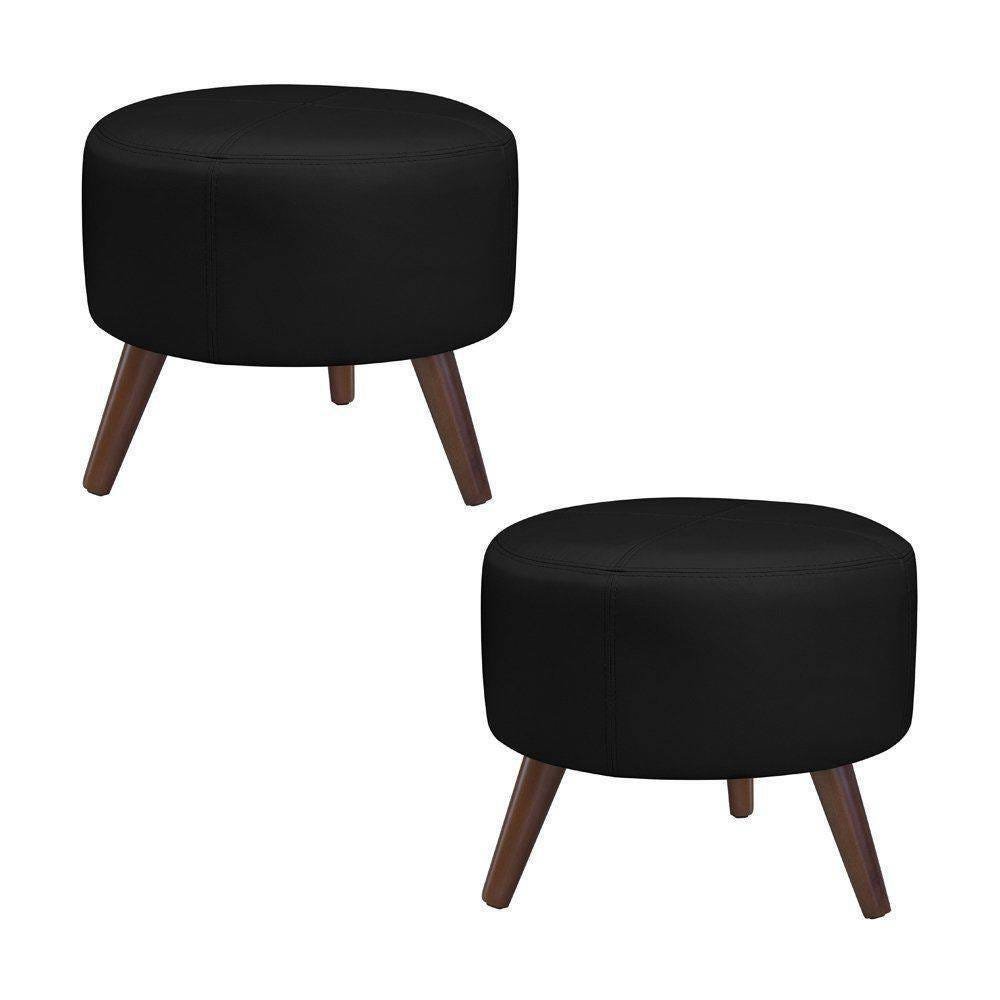 Kit 2 Puffs Redondo Pés Palito Couro Preto | MadeiraMadeira