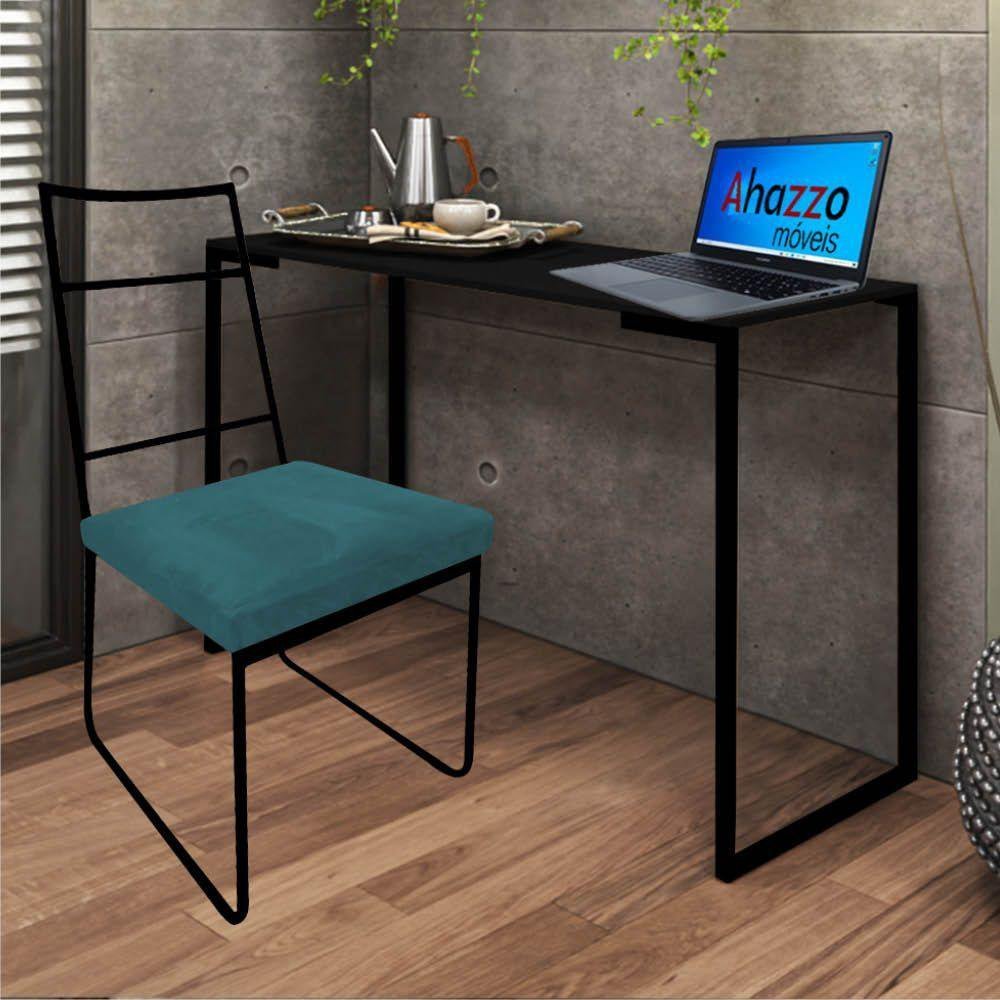 Cadeira E Mesa Preto Tampo Mdf Preto Suede Azul Turquesa | MadeiraMadeira
