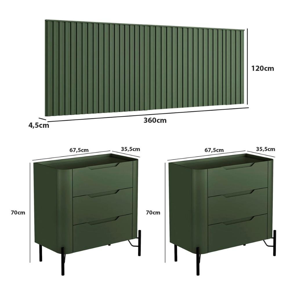 Conjunto Cabeceira King 360cm C/ 2 Mesas de Cabeceira em Mdf Cor:musgo com Preto | MadeiraMadeira