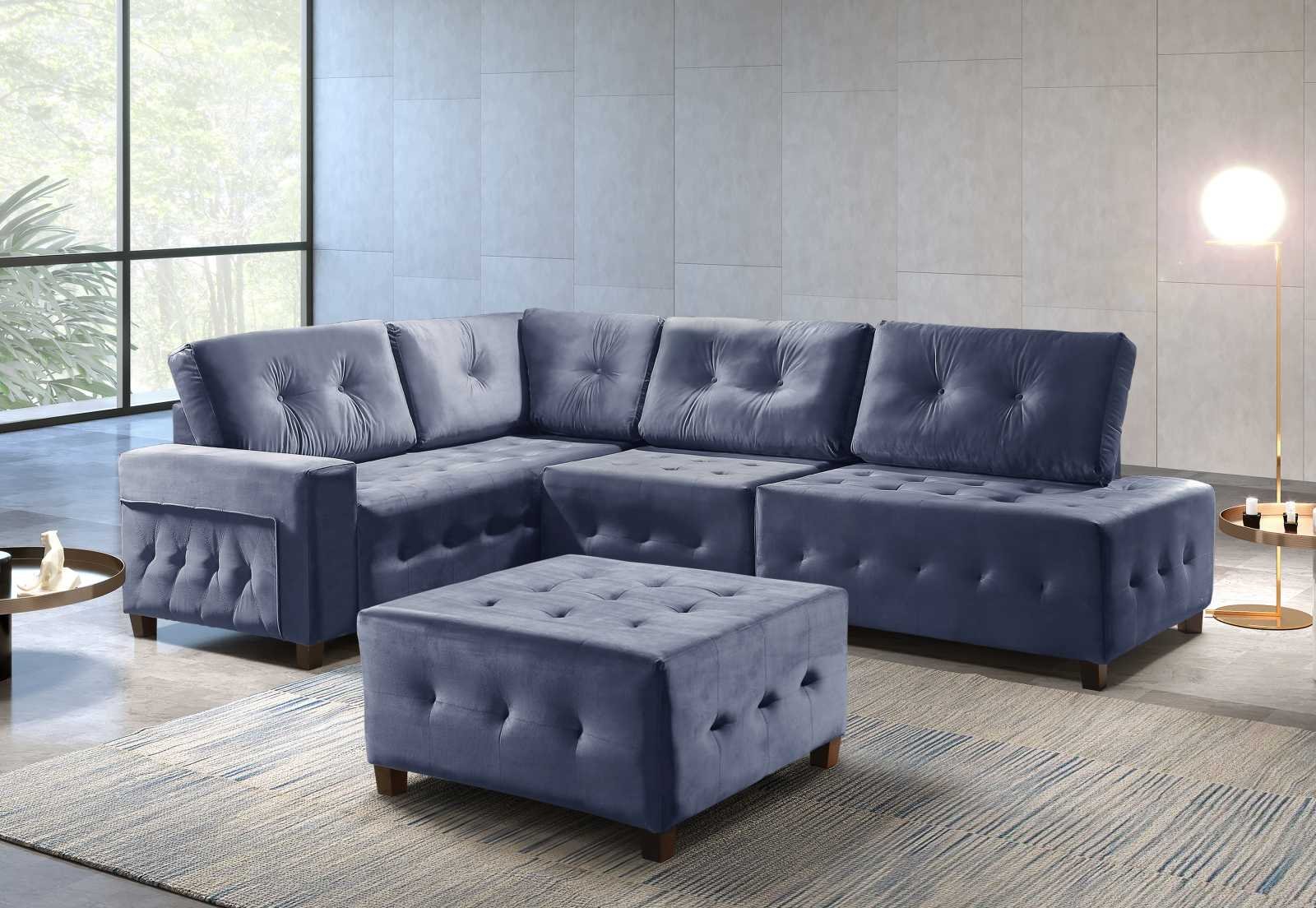Sofá de Canto 5 Lugares Chaise e Puff Gavêa Villa Mobi Veludo Azul Marinho | MadeiraMadeira