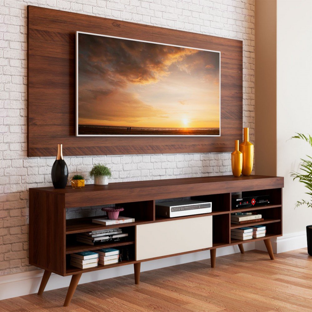 Rack com Painel para TV Até 55 Polegadas Pé Retrô Jhon Seda/Off White ...