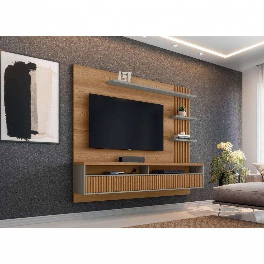 Painel para Tv com Ripas Cerci Amêndoa Titânio | MadeiraMadeira
