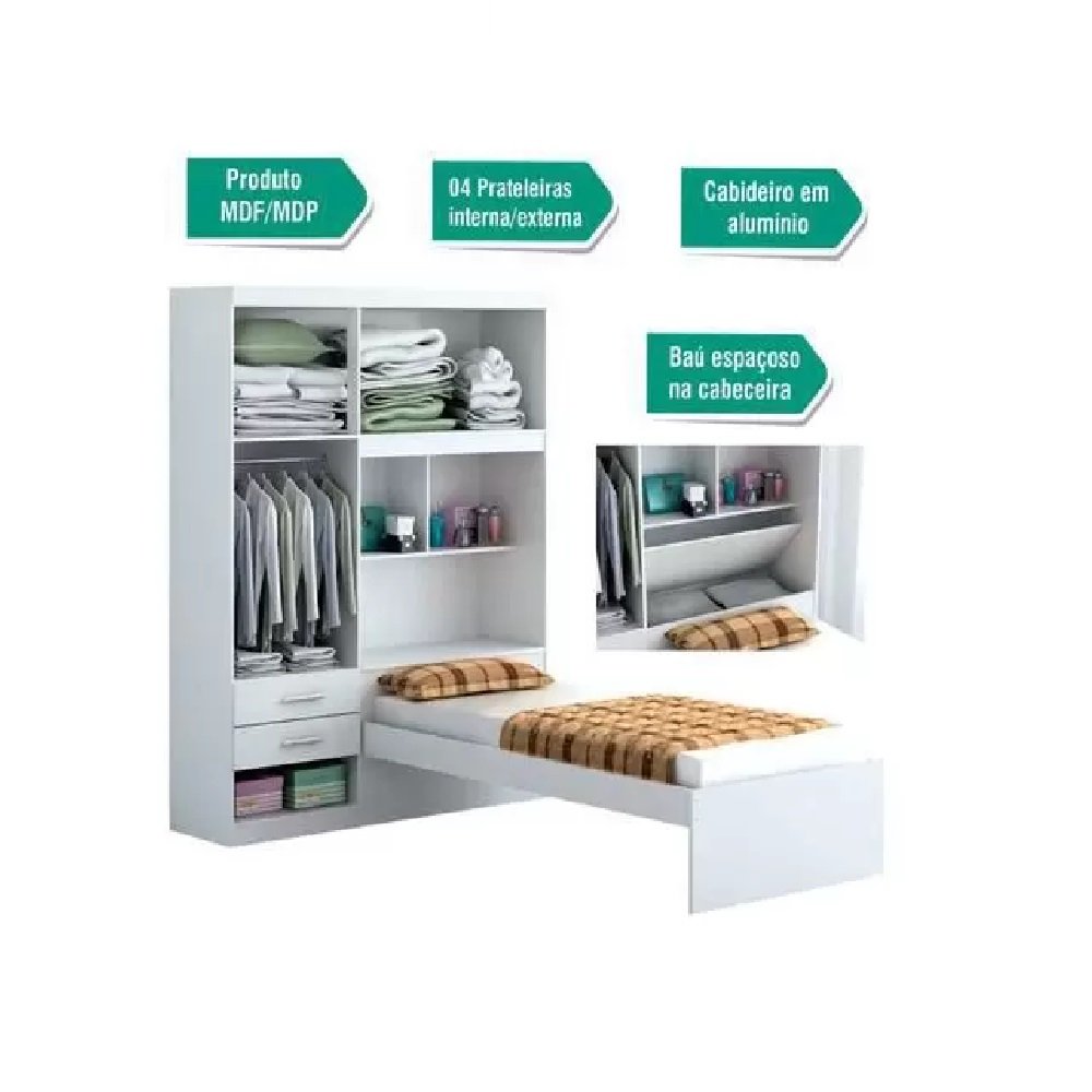 Guarda Roupa Modulado Solteiro 4 portas com Bicama Milena Branco - ACP ...