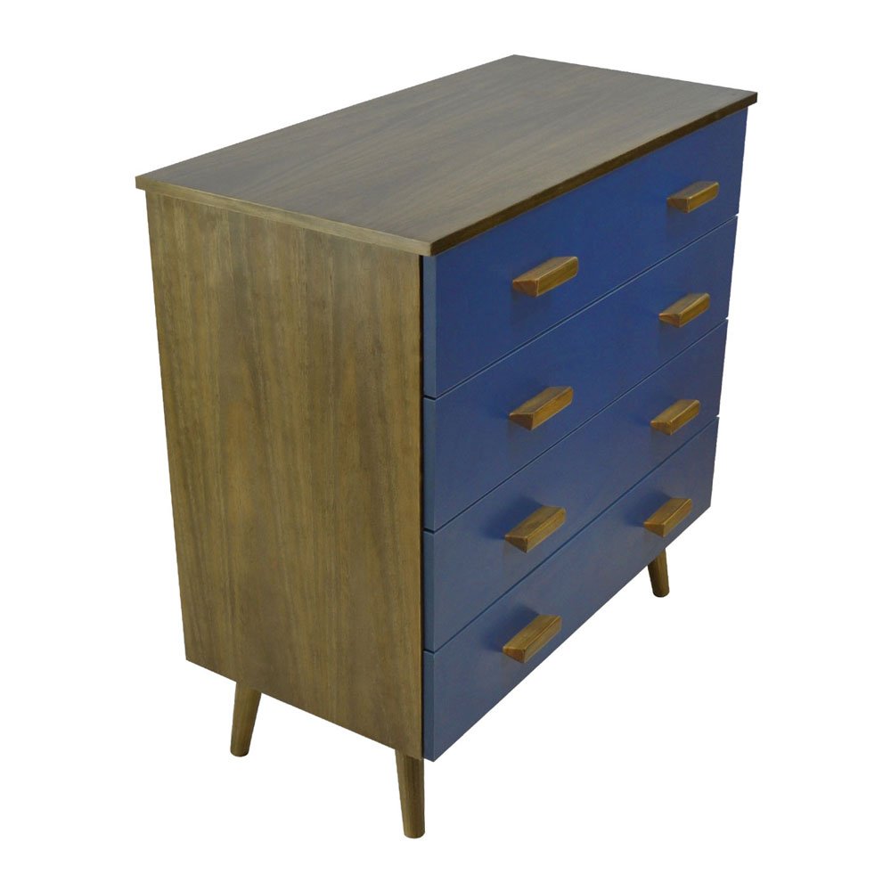 Cômoda em Madeira Pinus Imbuía e MDF Azul Retrô 4 Gavetas Pé Palito ...