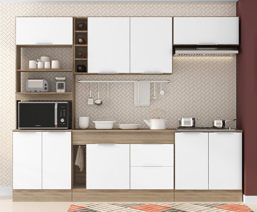 Cozinha Compacta 05 Peças 09 Portas 02 Gavetas Ferrara Carvalho OAK ...