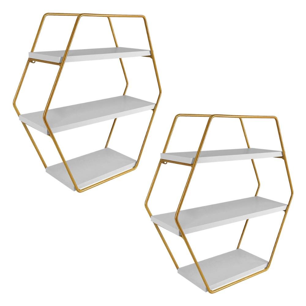 Kit 2 Prateleiras Triplas de Parede Design Industrial Evale - Dourado/branco | MadeiraMadeira