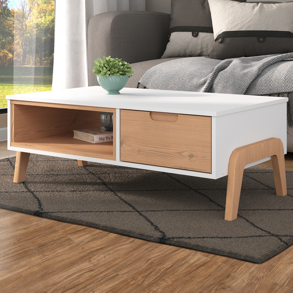 Mesa de Centro 1 Gaveta 1 Nicho Branco Tx/Pinus Cera Bf-1012 - Hecol Móveis | MadeiraMadeira