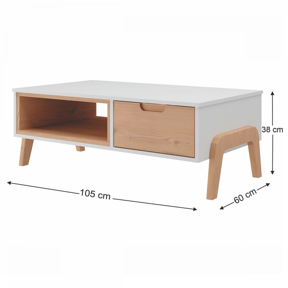 Mesa de Centro 1 Gaveta 1 Nicho Branco Tx/Pinus Cera Bf-1012 - Hecol Móveis | MadeiraMadeira
