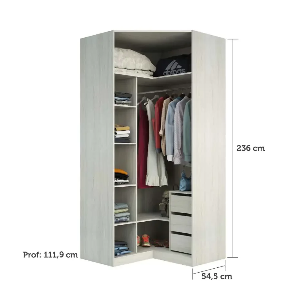 Guarda Roupa Canto Closet sem Portas 3 Gavetas, Cabideiro, 5 ...