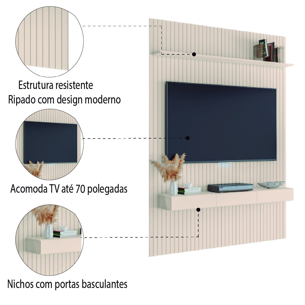 Painel para TV até 70 Polegadas 1,80x2,40m Ripado com Nicho Arbo Off ...