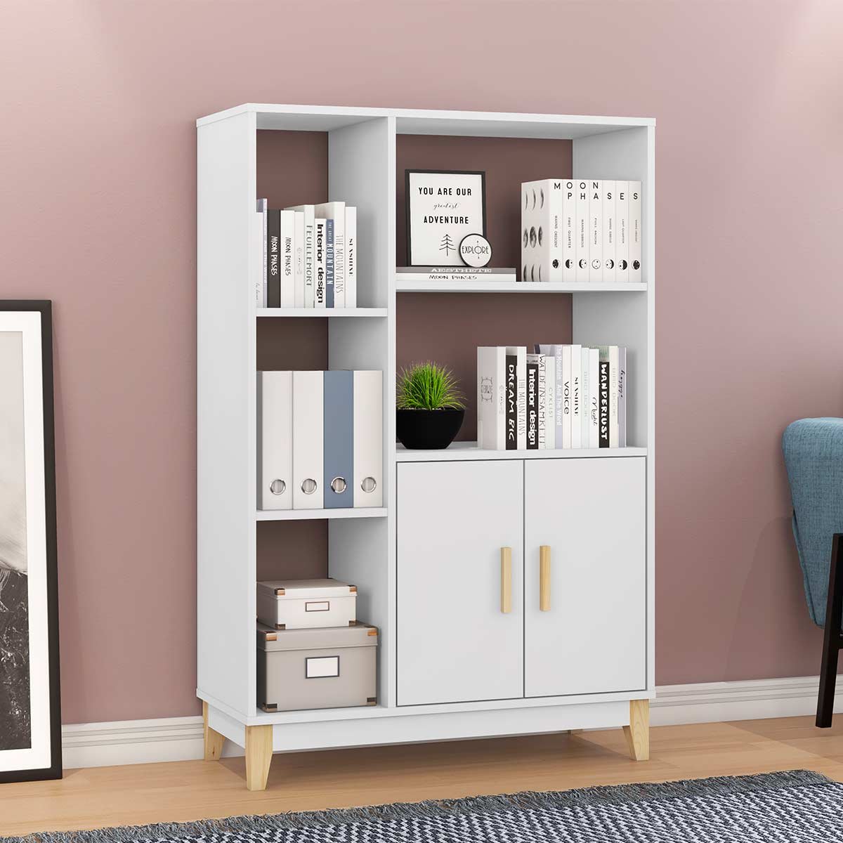 Estante Multiuso 81 x 123 Cm 2 Portas 5 Nichos Pés Madeira MDP Branco ...