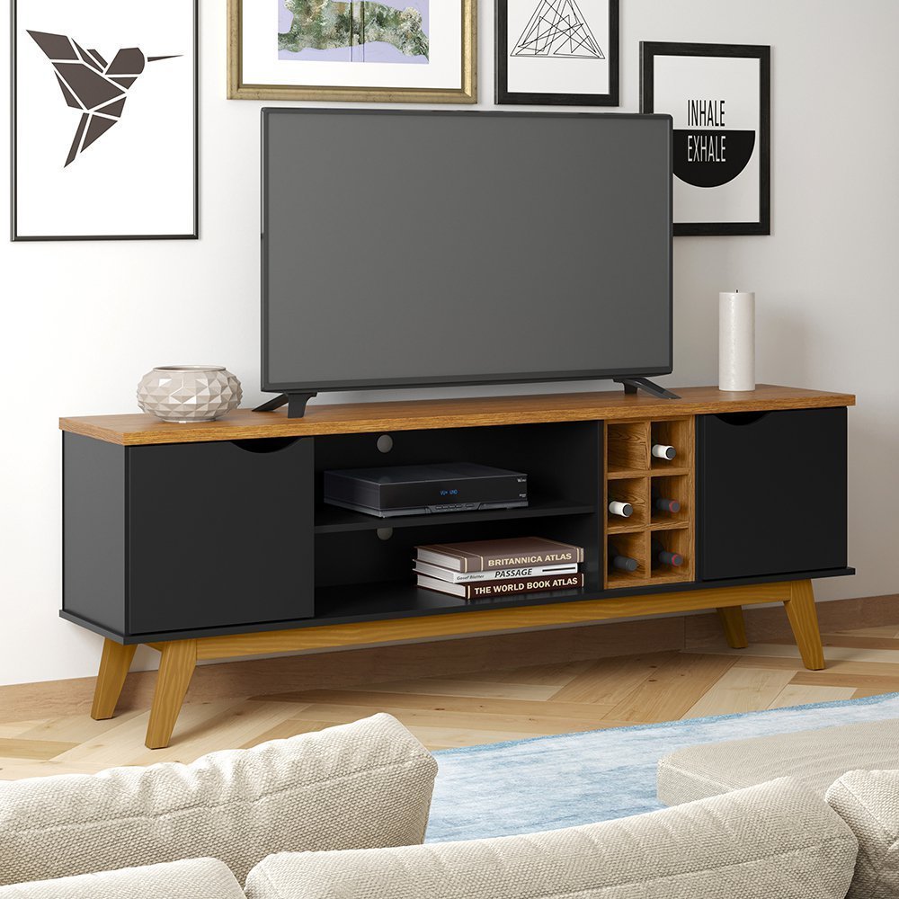 RACK CLÁSSICO RETRÔ 1.8 COM ADEGA 2 PORTAS PARA SALA DE ESTAR PRETO COM ...