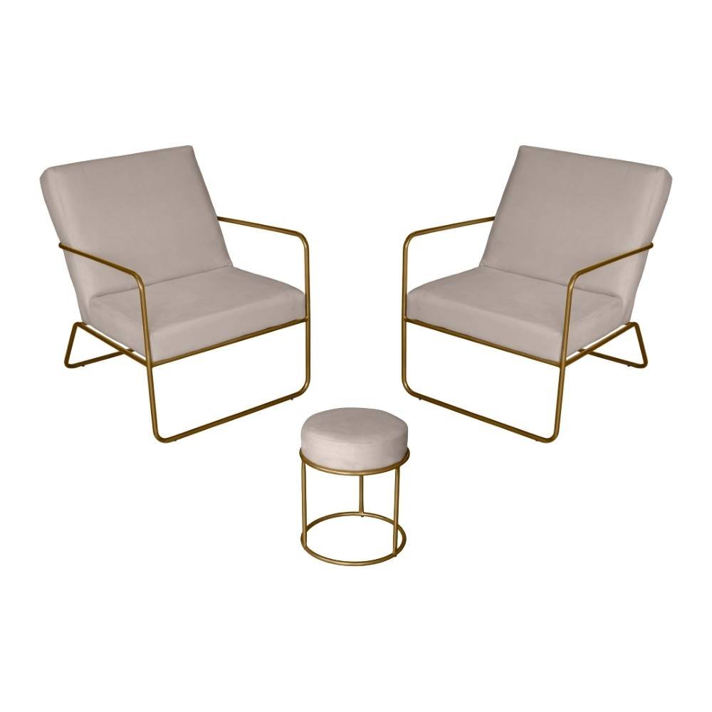 Kit 2 Poltrona para Descanso Iza Com Puff Redondo Base de Ferro Dourado ...