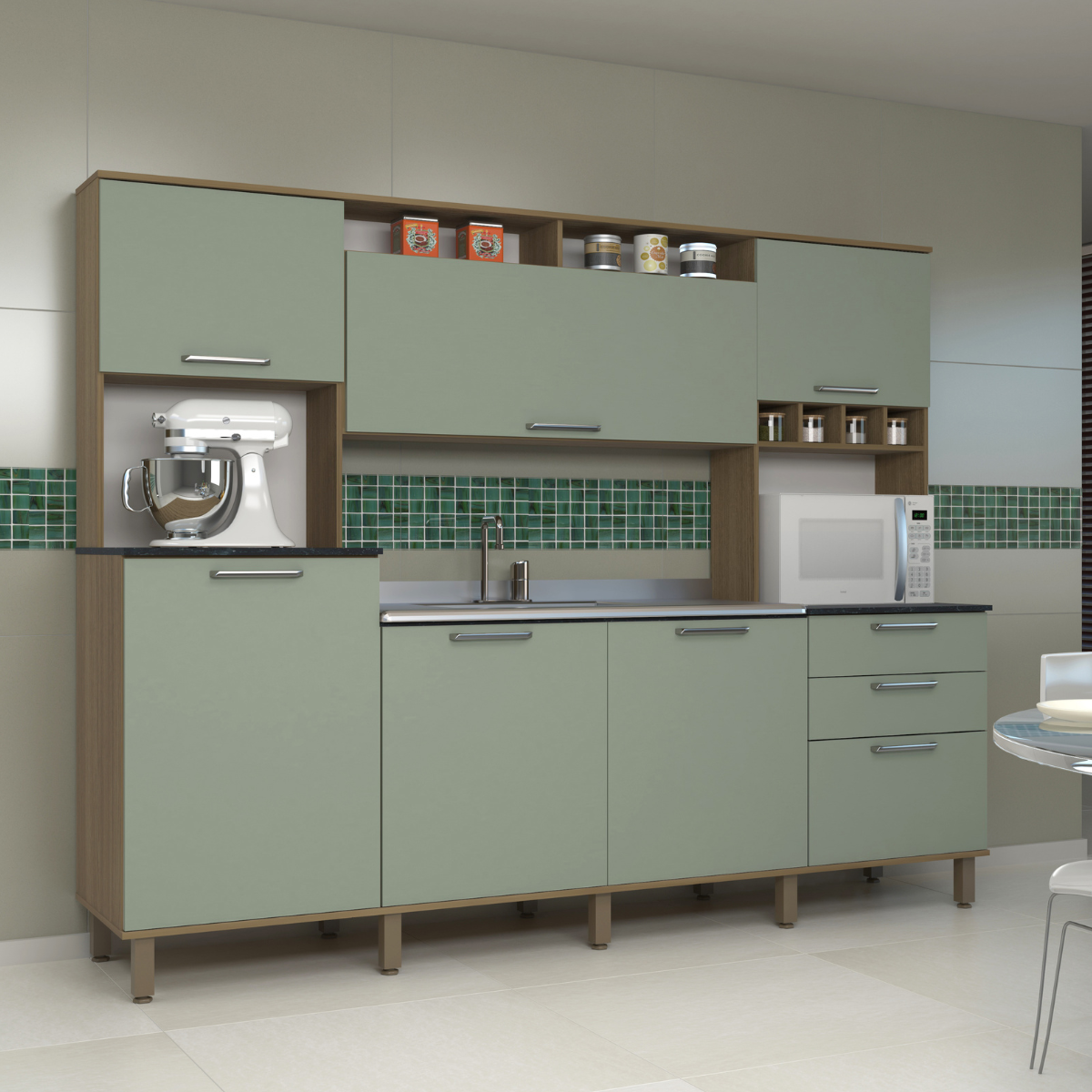 Kit Armário de Cozinha Completa Livia Pia 7 Portas 2 Gavetas S/Tampo - Luciane Móveis Verde ...