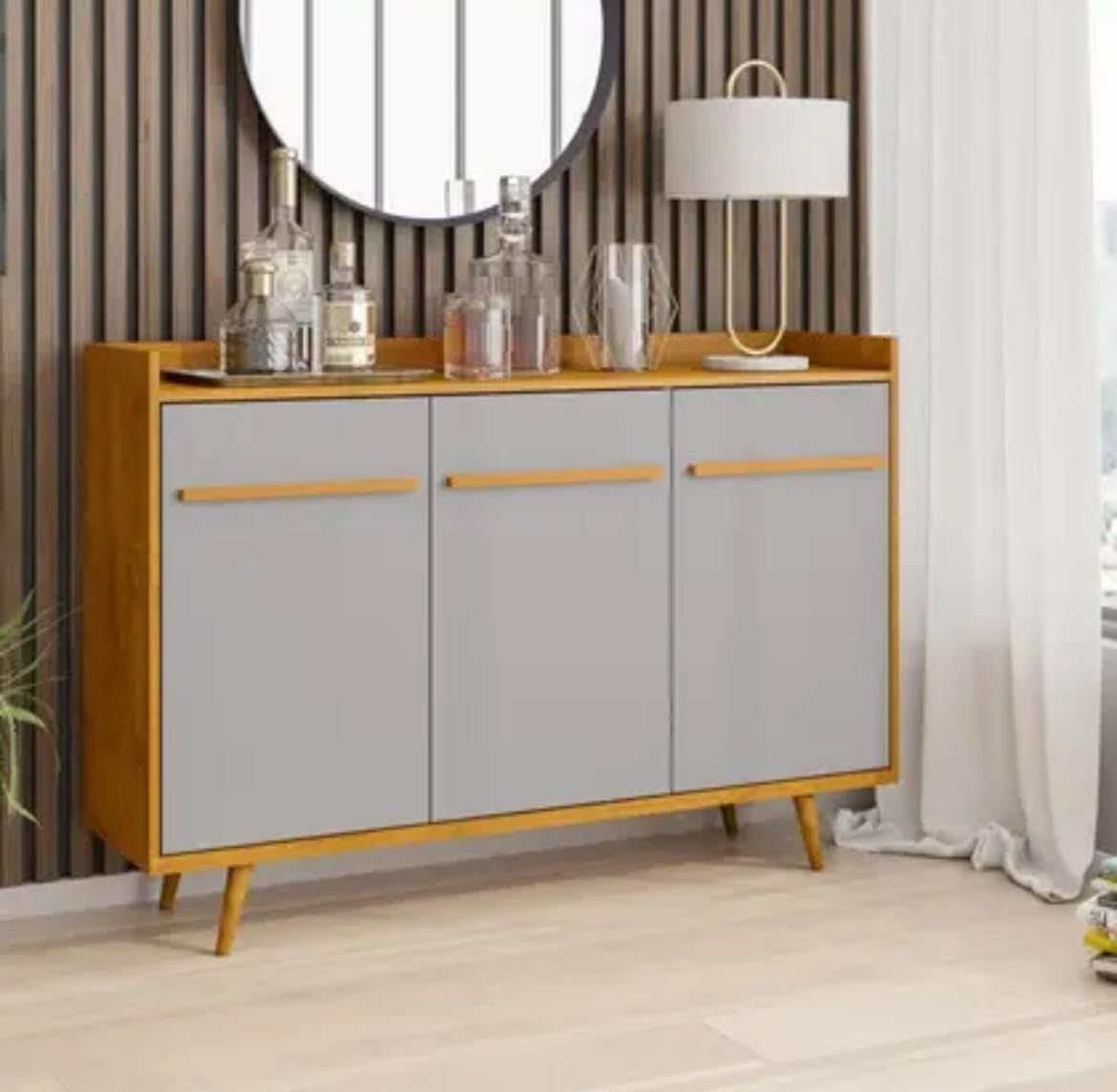 Aparador Buffet Quartzo, Moderno com 3 Portas, Madeira e Cinza, Design Escandinavo, Pés Palito ...