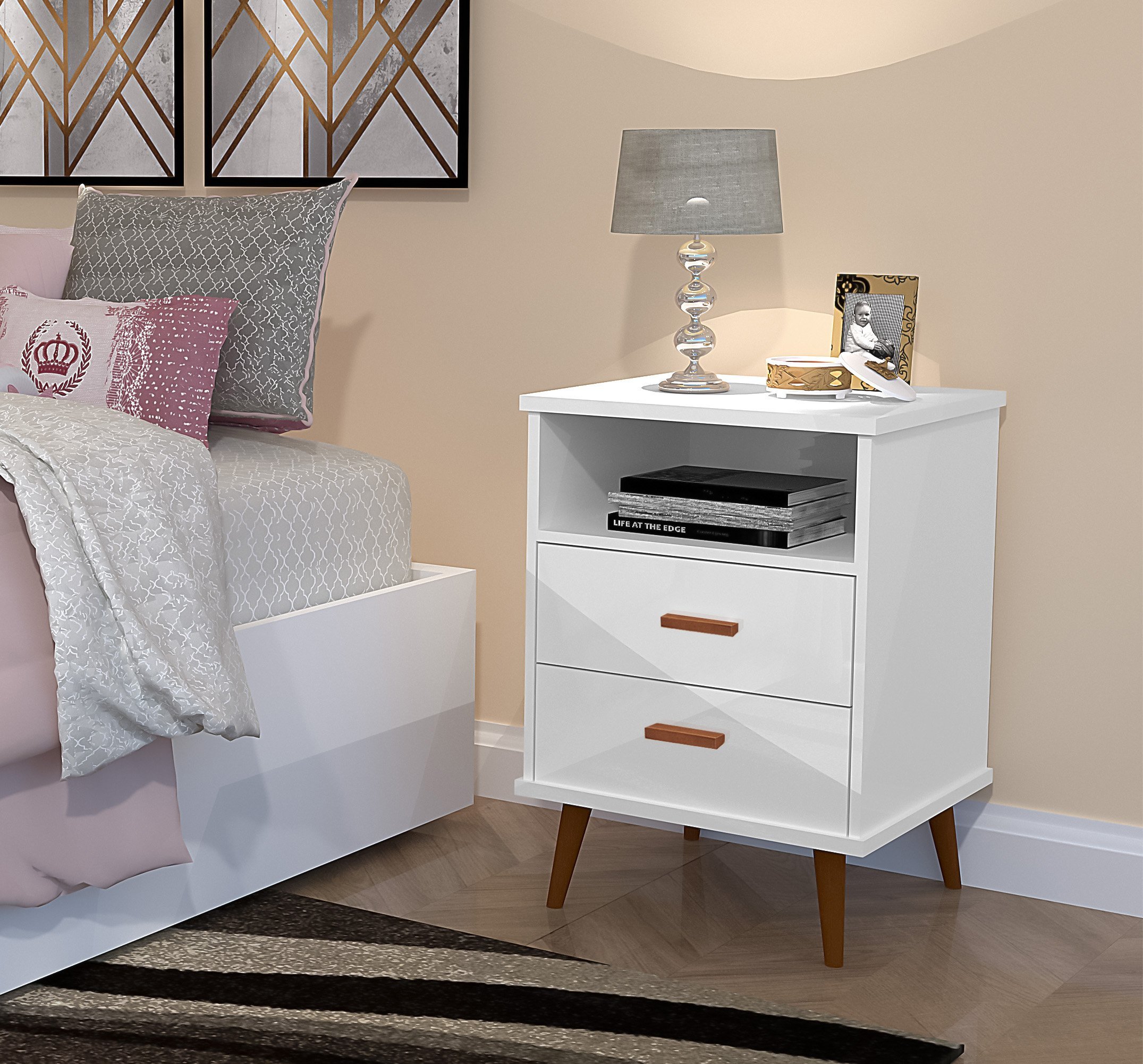 Mesa de Cabeceira Itália 2 Gavetas com Pés Retro - Varias Cores - Cm ...