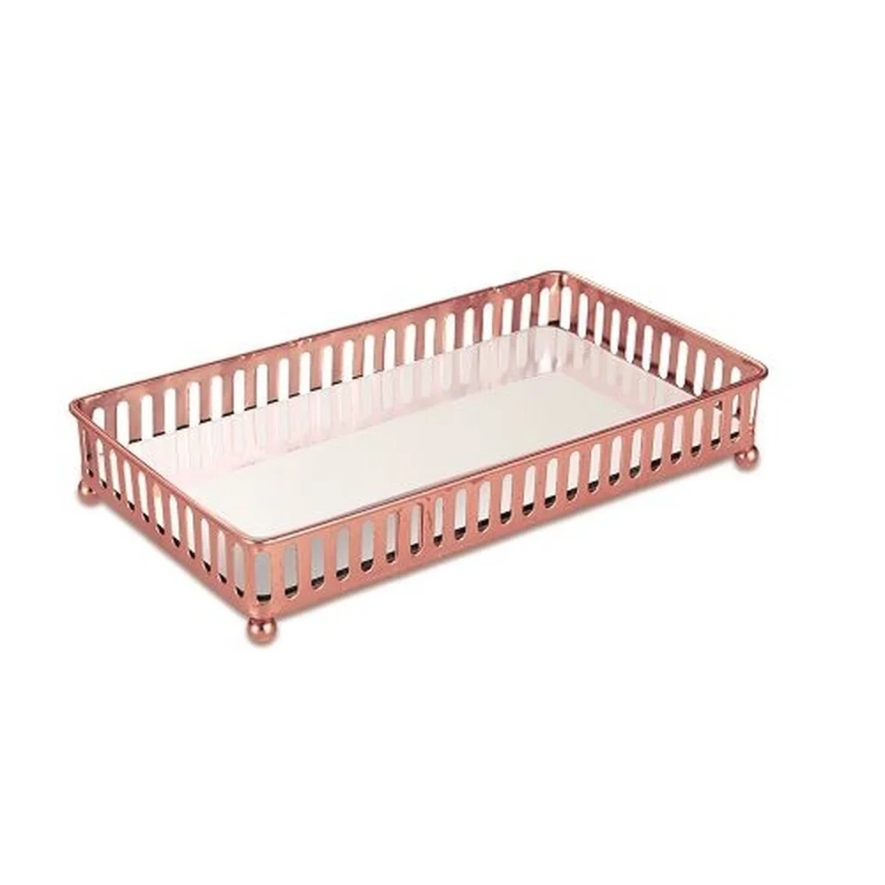 Bandeja retangular de metal rose gold luxo com trabalhado | MadeiraMadeira